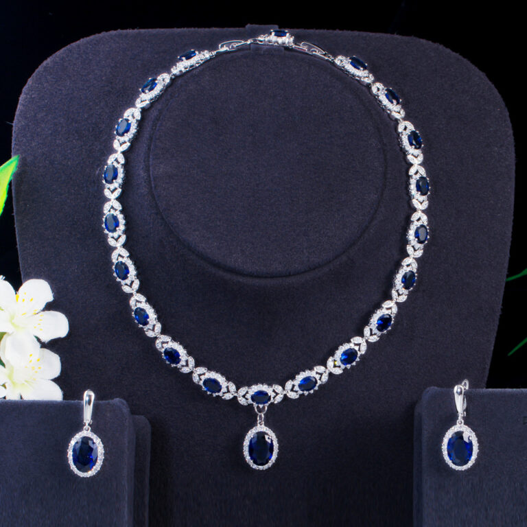 Blue Ocean Stone Prom Jewelry Set: Shiny Cubic Zirconia Necklace And ...