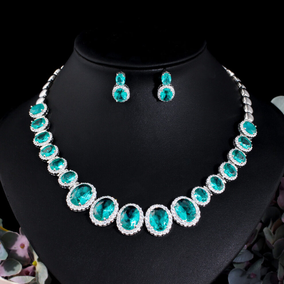 Light Blue Oval Crystal Choker Necklace And Earrings Set - Women's ...